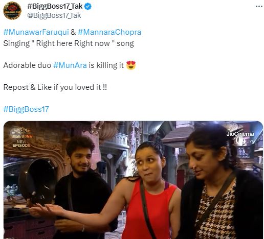 Bigg Boss 17: Munawar Faruqui And Mannara Chopra Sing Right Here Right ...